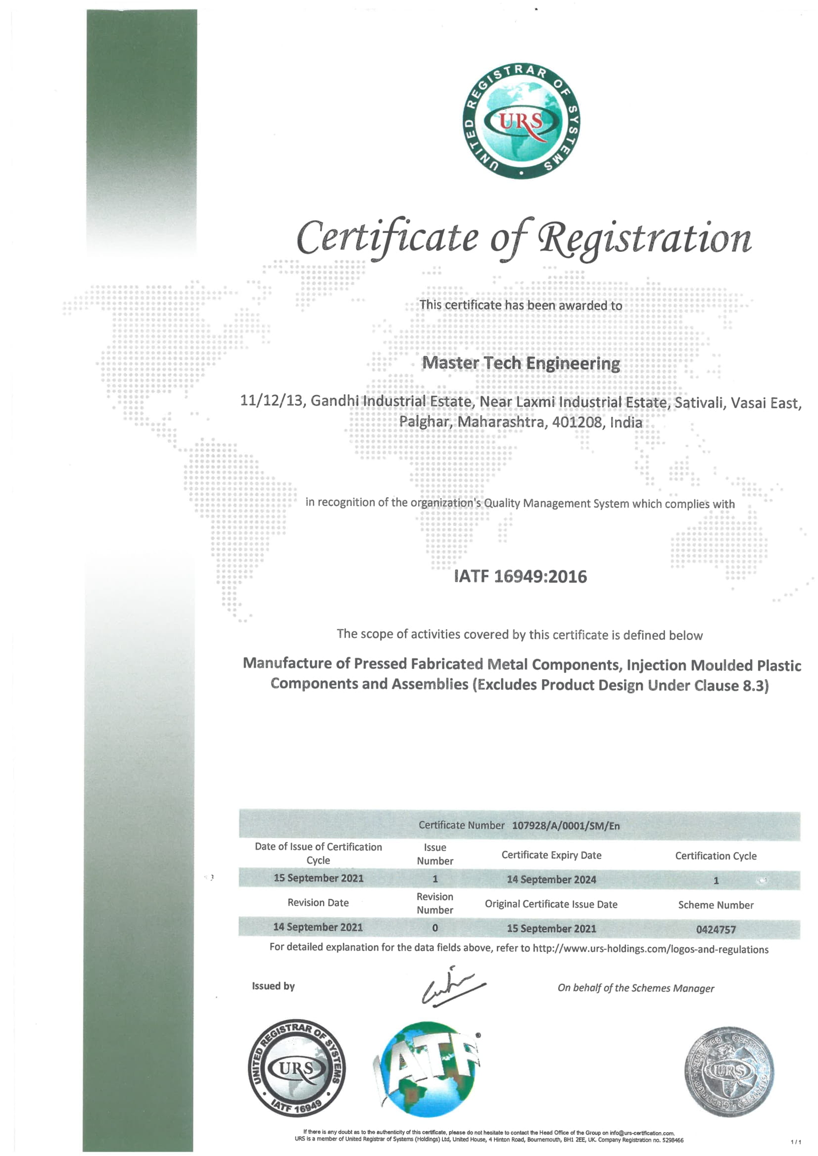 Certificate – Master Tech Engineering